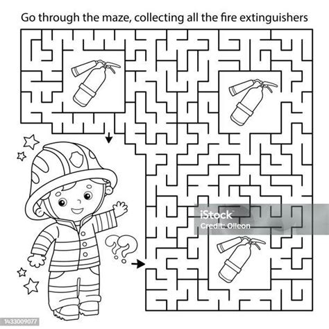 미로 또는 미로 게임 수수께끼 색칠 공부 페이지 개요 만화 소방관이나 소방관과 소화기 아이들을위한 색칠 공부 책 컬러링 북 페이지 일러스트레이션 기법에 대한 스톡 벡터 아트