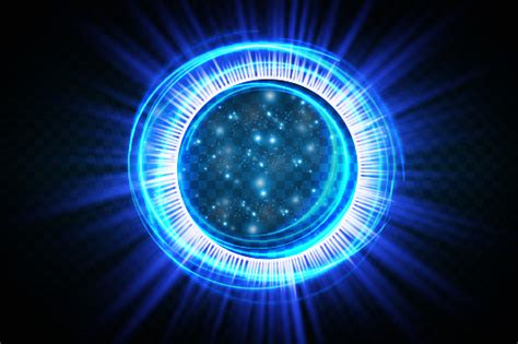 야경에 마법의 포털 빛과 반짝이는 광선이있는 파란색 둥근 홀로그램 검은 배경에 복사 공간이있는 빛나는 미래 지향적 인 텔레포트 터널 0명에 대한 스톡 벡터 아트 및 기타