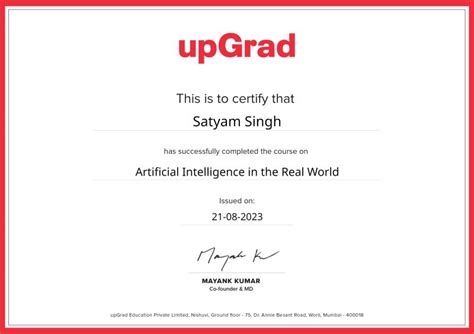 Completed This Course Offered By Upgrad Ai In The Real World Satyam Singh
