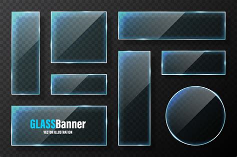 사실적인 유리 프레임 컬렉션 플레어와 하이라이트가있는 파란색 투명 유리 배너 광택있는 아크릴 판 가벼운 반사와 텍스트를위한 장소가있는 요소 벡터 일러스트 레이 션 0명에