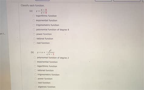 solved classify each function x 8 a y x 8 logarithmic
