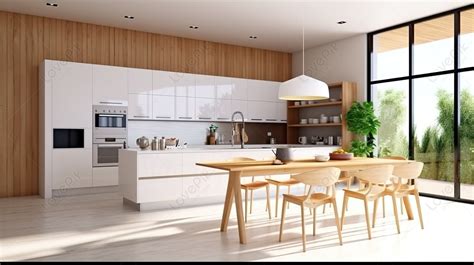 나무 캐비닛과 흰색 인테리어 색상을 갖춘 현대적인 주방의 3d 렌더링 현대적 배경 테리 배경 고급 주방 배경 이미지 Hd 현대적 테리 고급 주방 배경 사진 무료