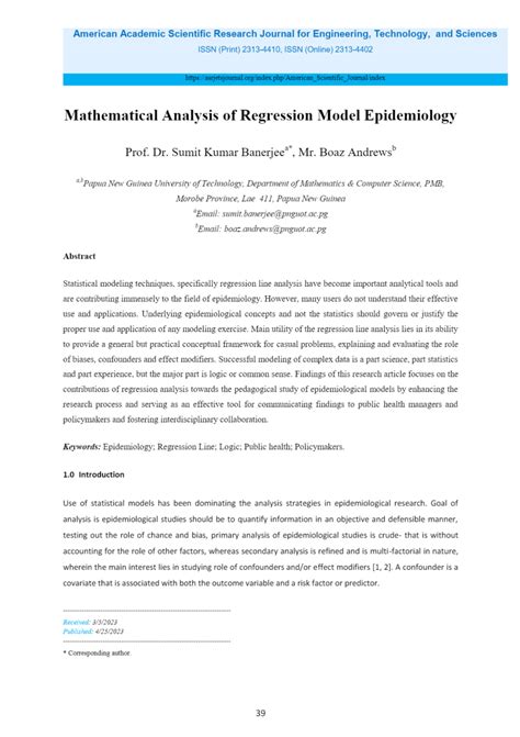 Pdf Mathematical Analysis Of Regression Model Epidemiology