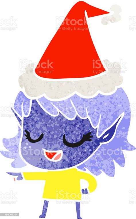 산타 모자를 쓰고 가리키는 엘프 소녀의 행복한 손으로 그린 복고풍 만화 가리키기에 대한 스톡 벡터 아트 및 기타 이미지 가리키기 꼬마 요정 낙서 드로잉 Istock