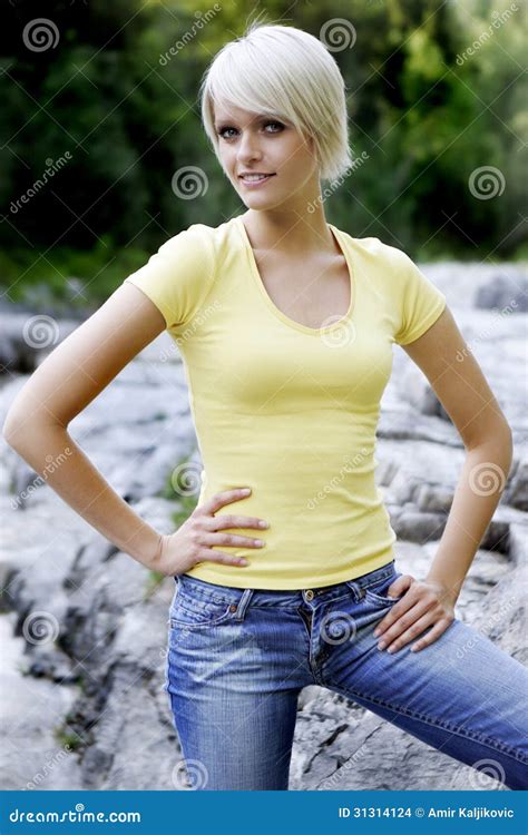 Smiling Blond Woman Outdoors Portrait Stock Photo Image Of Clothes Eyes