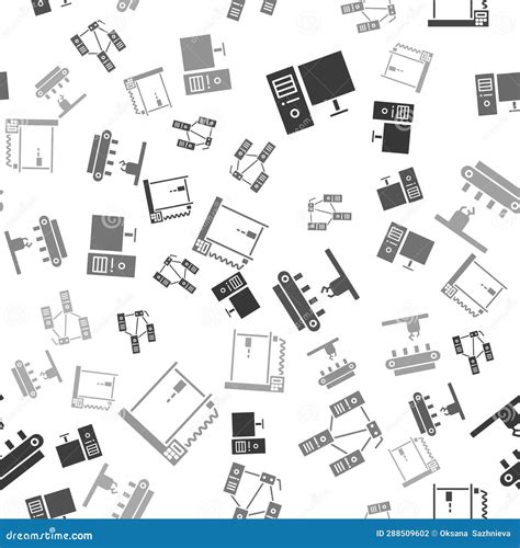 Set Computer Monitor Computer Network Factory Conveyor System Belt And 3d Printer On Seamless