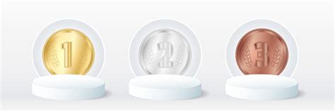 골드 은 동메달 수상자 포디엄 세트 흰색 배경에 현실적인 3d 수상 무대 챔피언 1 2 3 위 받침대는 금속 메달로 모의 벡터 일러스트레이션 3에 대한 스톡 벡터 아트 및