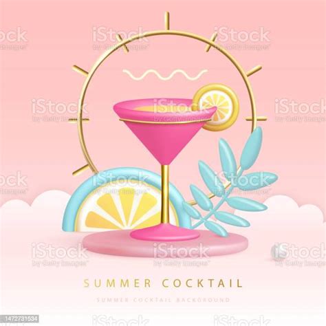 3d 플라스틱 칵테일 열대 과일 및 열대 잎이 있는 여름 칵테일 파티 포스터 벡터 그림 0명에 대한 스톡 벡터 아트 및 기타