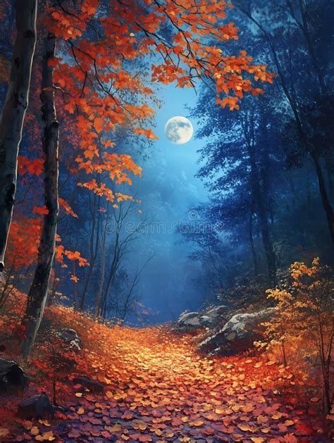 Autumn Forest Path At Night Moonlit Forest Walk Stock Illustration