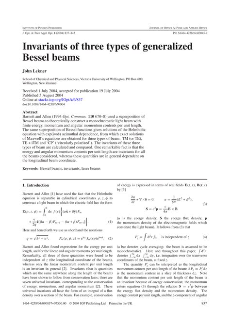 Pdf Invariants Of Three Types Of Generalized Bessel Beams