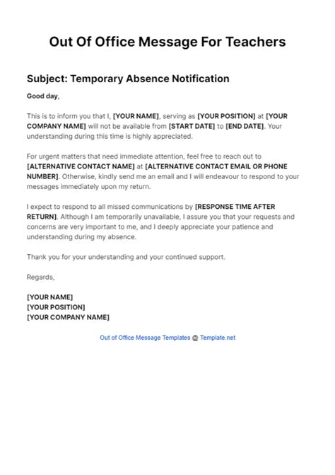 Free Out Of Office Message For Teachers Template To Edit Online