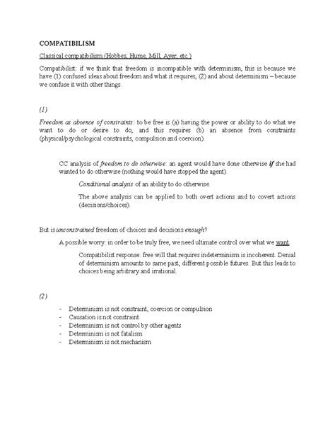 Classical Compatibilism Notes Compatibilism Classical Compatibilism