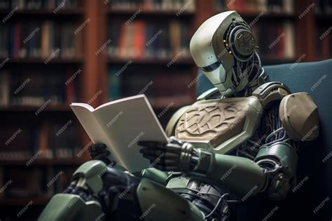 premium ai image a robot reading a book in a library