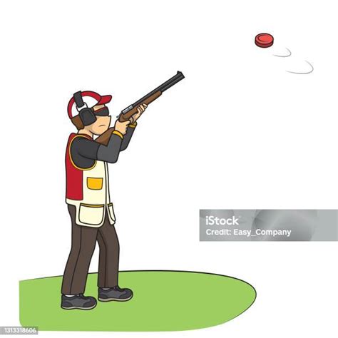 흰색 배경에 고립 된 대상을 목표로 산탄총으로 포즈 스키트 촬영 선수의 벡터 그림 아이 색칠 페이지 그리기 예술 첫 번째 단어