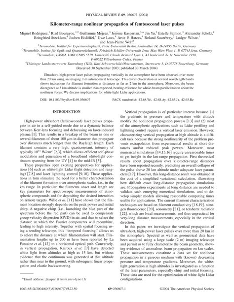 Pdf Kilometer Range Nonlinear Propagation Of Femtosecond Laser Pulses
