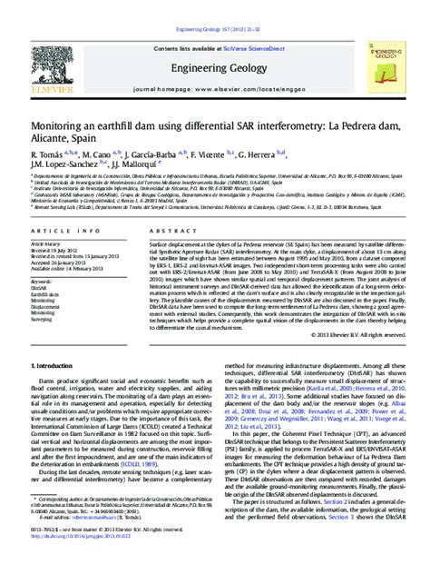 Pdf Monitoring An Earthfill Dam Using Differential Sar Interferometry La Pedrera Dam