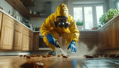 Professional Exterminator Focusing On Cockroach Infestation On Kitchen