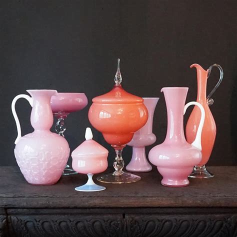 1960s Mid Century Italian Pink Cased Empoli Glass Pitchers Vases