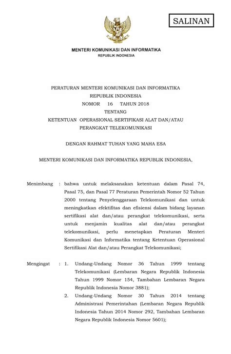 PDF PERATURAN MENTERI KOMUNIKASI DAN INFORMATIKA Republik Indonesia Wajib Disertifikasi