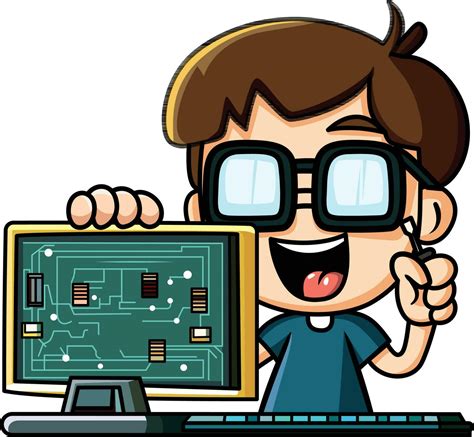 computer geek cartoon vector illustration happy computer engineer or hardware technician
