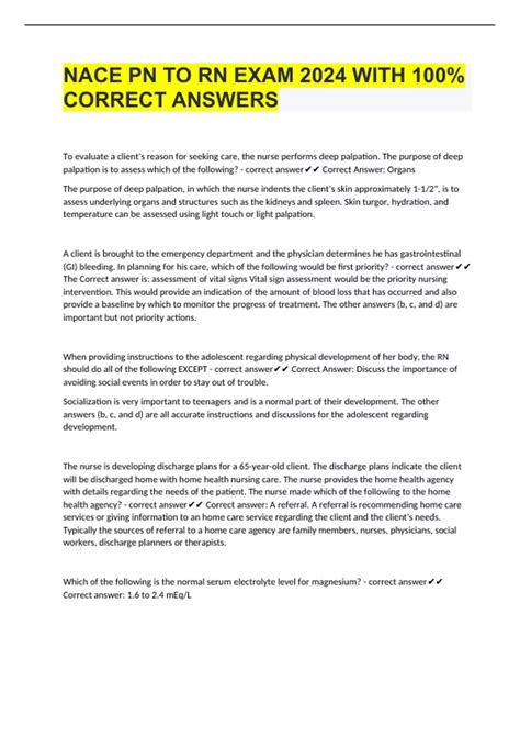 Nace Pn To Rn Exam 2024 With 100 Correct Answers Nace Pn To Rn Stuvia Us