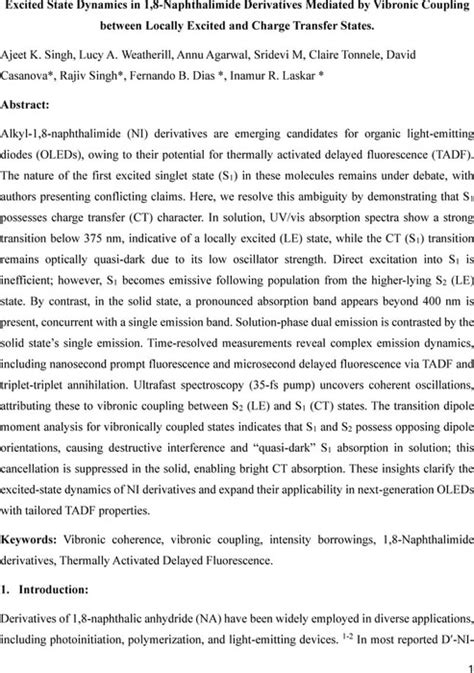Excited State Dynamics In 18 Naphthalimide Derivatives Mediated By Vibronic Coupling Between