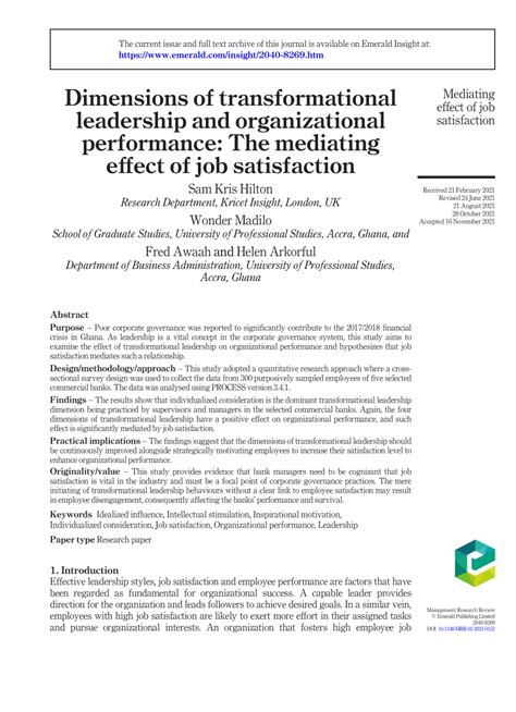 Pdf Dimensions Of Transformational Leadership And Organizational Performance The Mediating