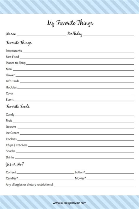 My Favorite Things List Printable