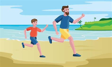 Premium Vector Father And Son Running Or Jogging At Seashore