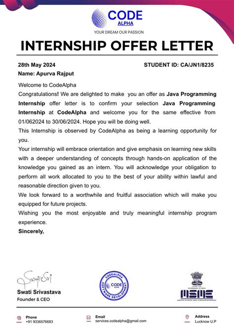 Accepted A Java Programming Internship At Code Alpha Apurva Rajput