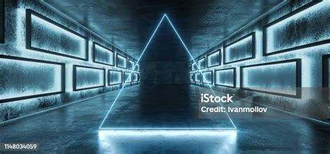 삼각형 미래 공상 과학 소설 현대 우주선 네온 빛나는 파란 단계 갱도 통로 지 하 구체적인 그런 지 반사 형광 3d 렌더링 0명에 대한 스톡 사진 및 기타 이미지 Istock
