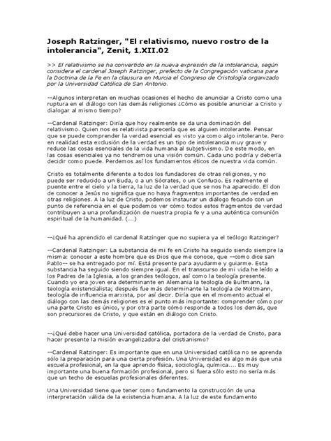 Ratzinger Joseph El Relativismo Nuevo Rostro De La Intolerancia 1