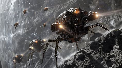Robotic Devices Work On An Asteroid S Surface Extracting Regolith For Resource Refinement Stock