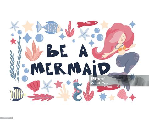 해초 산호 및 바다 생물 중 바다 아래 귀여운 인어와 함께 미리 만들어진 구성 인어에 대한 인어 레터링 포스터 카드 섬유 인쇄에
