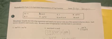 Solved Worksheet B Topic 3 12 Equivalent Representations Of Trig Functions Name Directions