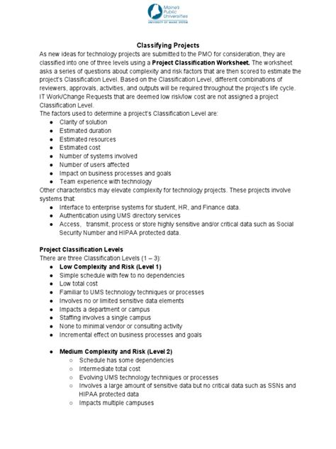 Classifying Projects Project Classification Levels Pdf Business Process Complexity