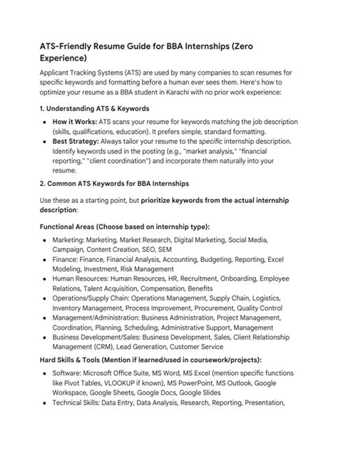 Ats Keywords And Tips For Bba Intern Resume No Experience Pdf