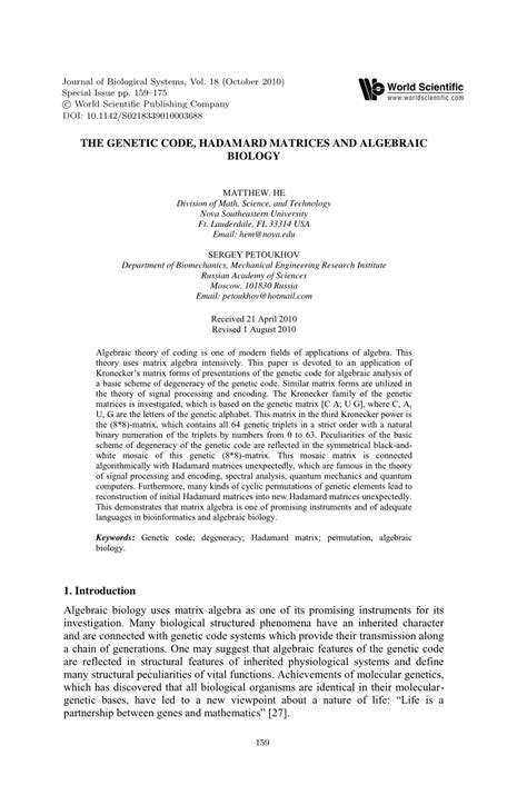 Pdf The Genetic Code Hadamard Matrices And Algebraic Biology