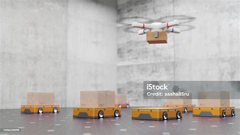 미래의 기술 3d 개념 Agv 로봇 판지 상자를 유통 물류 센터로 배달하는 Uav 소매 창고를 위한 자동화된 Agv 로봇 자동화