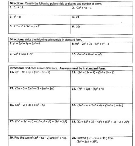 Directions Classify The Following Polynomials By Degree And Number Of Terms Directions Algebra