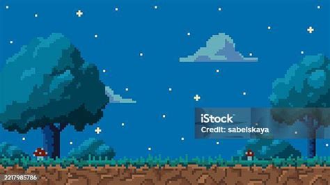 땅 잔디 나무 비행 Agaric 및 별이 빛나는 하늘 벡터 8 비트 비디오 게임 어두운 풍경 픽셀 아트 게임 배경 배경 주제에 대한 스톡 벡터 아트 및 기타 이미지 Istock