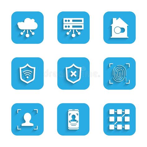 Set Shield With Cross Mark Mobile And Face Recognition Graphic Password Protection