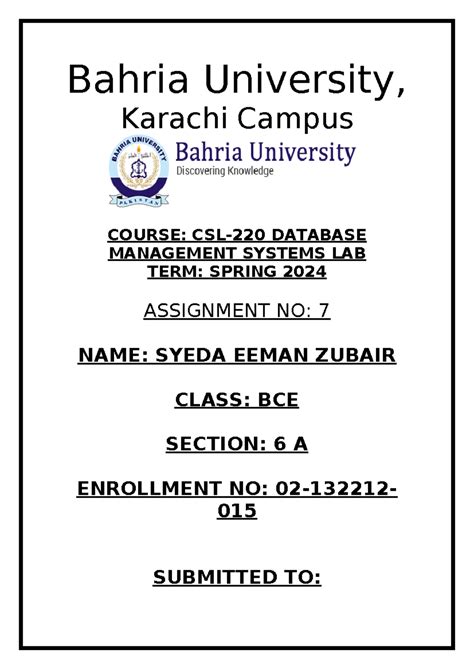 Dbms Lab7 Dbms Lab 7 Bahria University Karachi Campus Course Csl 220 Database Management