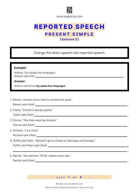 Reported Speech — Present Simple — Exercise 1 Esl Worksheets