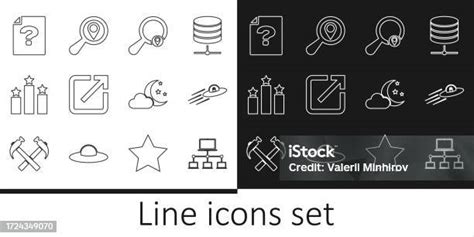 라인 설정 컴퓨터 네트워크 Ufo 비행 우주선 및 외계인 검색 위치 새 창 열기 순위 별 알 수 없는 문서 달의 별과 아이콘이 있는 구름 벡터 1위에 대한 스톡 벡터 아트