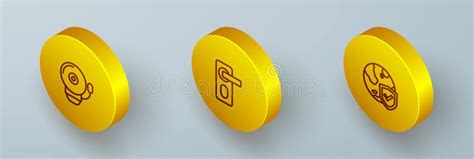Set Isometric Line Ringing Alarm Bell Fingerprint Door Lock And Shield With World Globe Icon