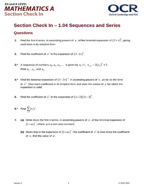 Ocr A Level Mathematics A 1 04 Sequences And Series Section Check In