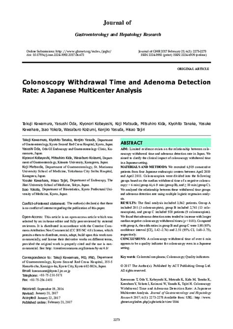 Pdf Colonoscopy Withdrawal Time And Adenoma Detection Rate A Japanese Multicenter Analysis