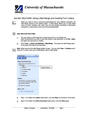 Fillable Online Uml Word Using Mail Merge To Create Form University Of Uml Fax