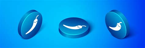 파란색 배경에 격리 된 Isometric 핫 칠리 페퍼 포드 아이콘 식료품 요리 제품 조미료 및 향신료 패키지 요리 책 디자인 파란색 원 버튼입니다 벡터 3차원 형태에 대한